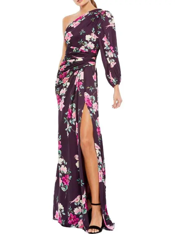 Mac Duggal Floral Print Single-sleeve Gown - Plum Floral