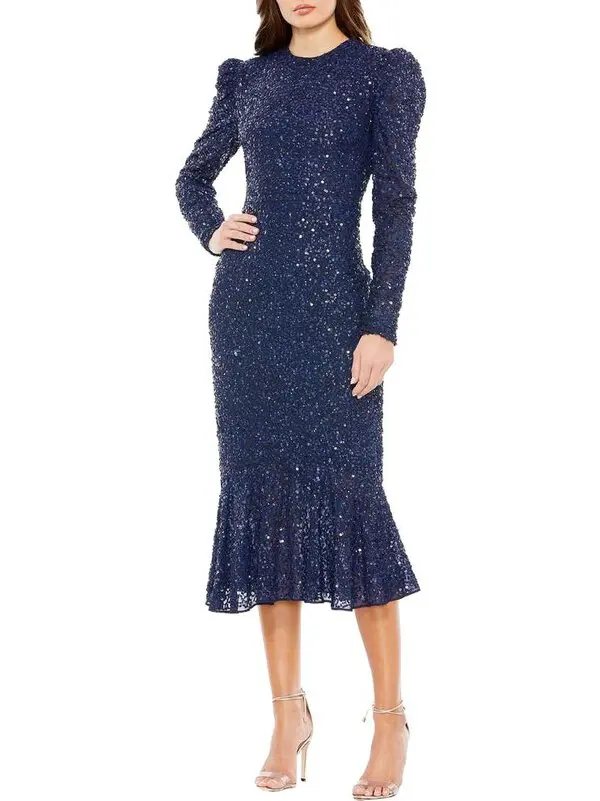 Mac Duggal Sequined Long Sleeve Trumpet Dress - Navy