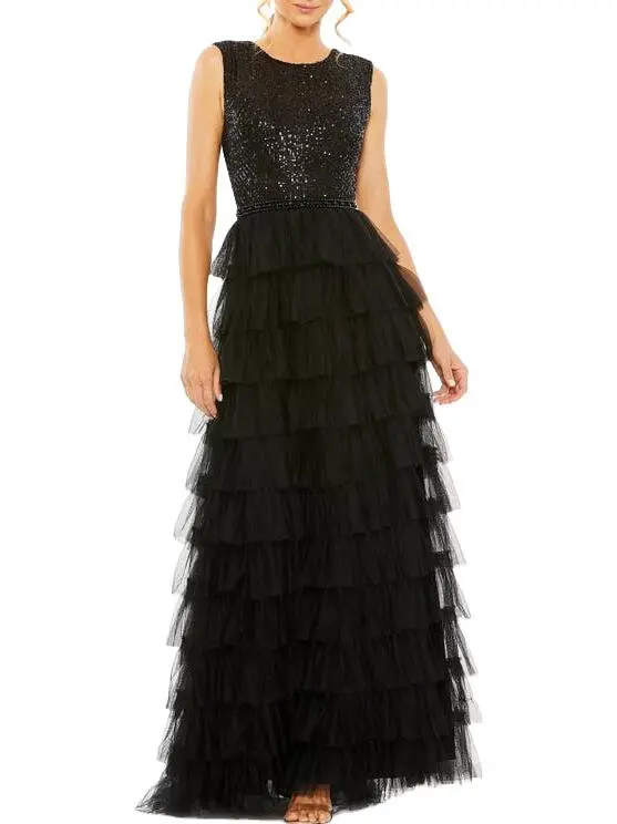 Mac Duggal Sequin Bodice Ruffle Tiered Gown - Black