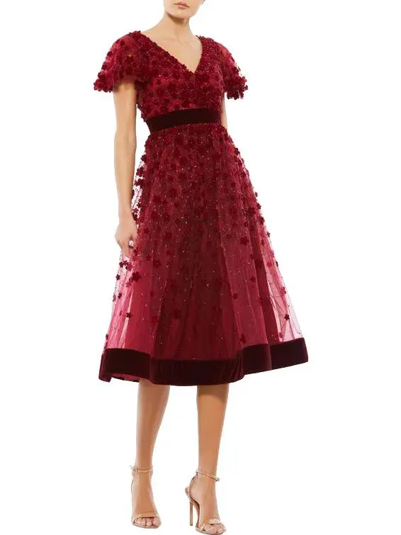 Mac Duggal Embellished Butterfly Sleeve Velvet Hem Midi Dress - Burgundy