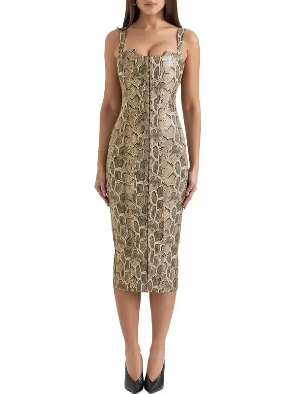 House Of Cb Gracie Faux Leather Midi Cocktail Dress - Beige Snakeskin