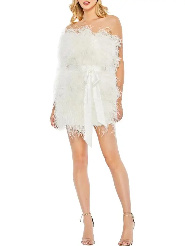 Mac Duggal Strapless Feather Mini Dress - White