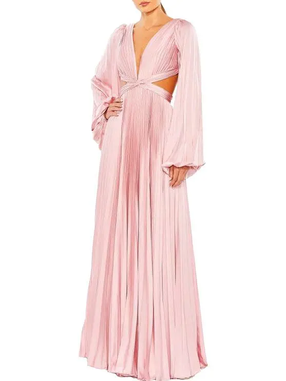 Mac Duggal Long Sleeve Pleated Charmeuse Cut-out Gown - Pink