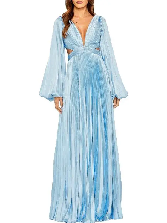 Mac Duggal Long Sleeve Pleated Charmeuse Cut-out Gown - Powder Blue