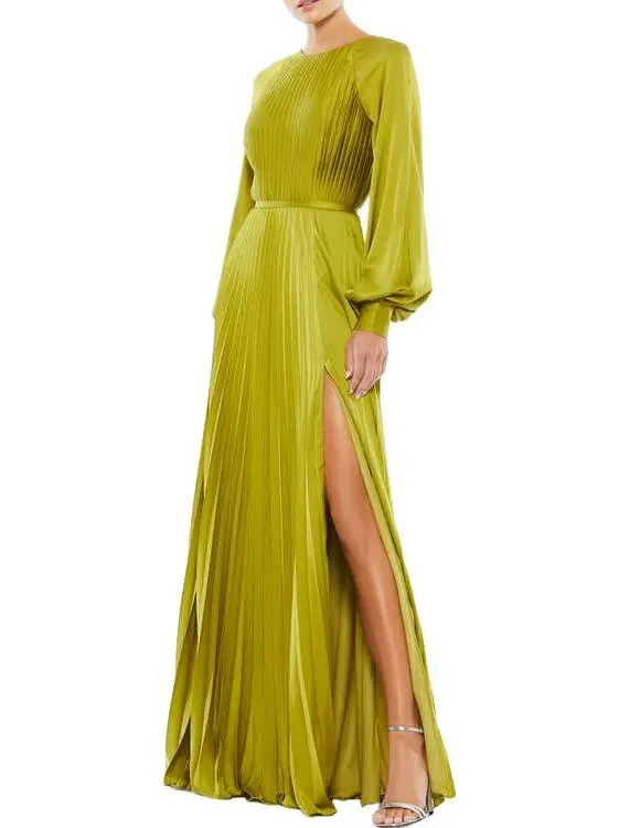 Mac Duggal Pleated High Neck Raglan Long Sleeve Gown With Slit - Apple Green