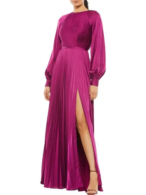 Mac Duggal Pleated High Neck Raglan Long Sleeve Gown With Slit - Berry