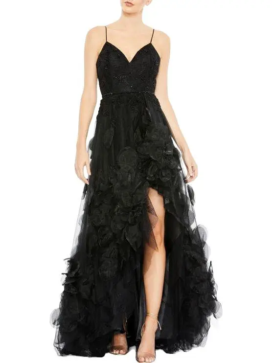 Mac Duggal Embellished Floral High Low Sleeveless Gown - Black