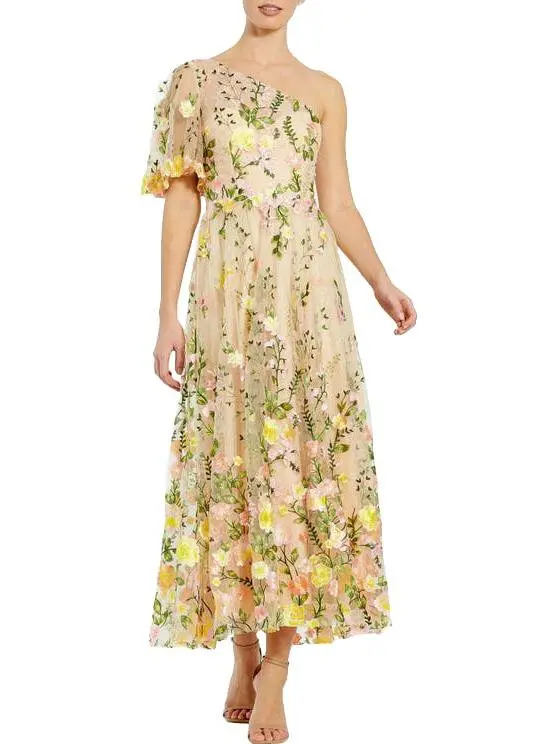 Mac Duggal One-shoulder Lace Embroidered Dress - Yellow Multi