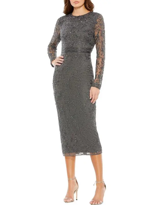 Mac Duggal Beaded Tea-length Dress - Charcoal