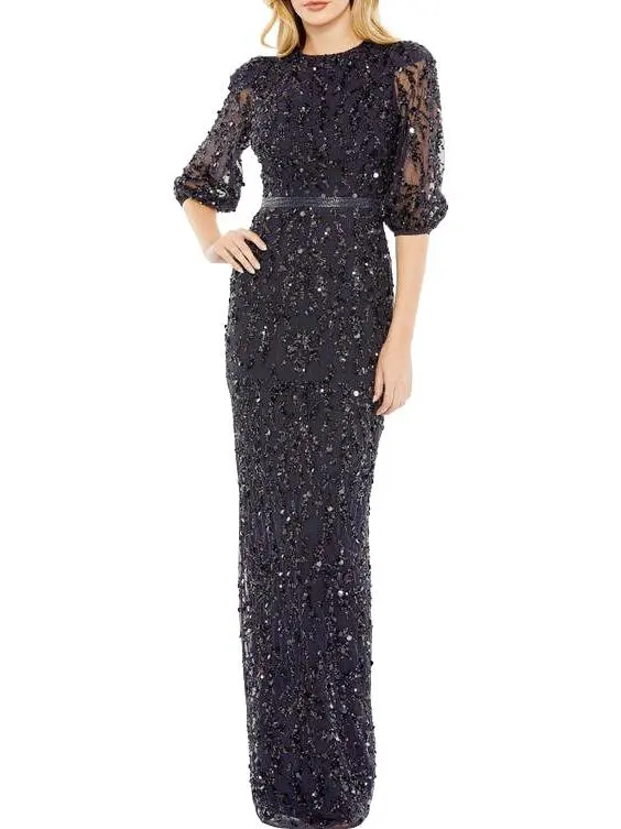 Mac Duggal Sequined Gown With Sleeves - Midnight