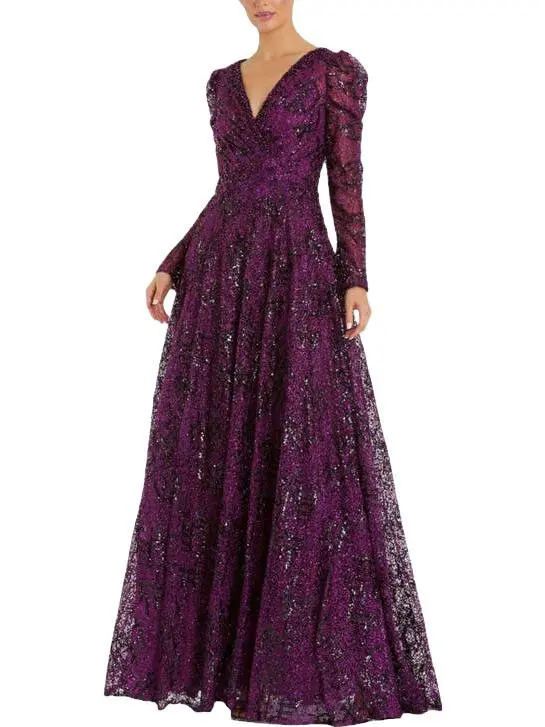 Mac Duggal Embellished V-neck A-line Gown - Plum
