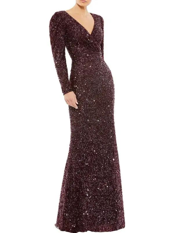 Mac Duggal Puff Shoulder Sequined Surplice Gown - Mahogany