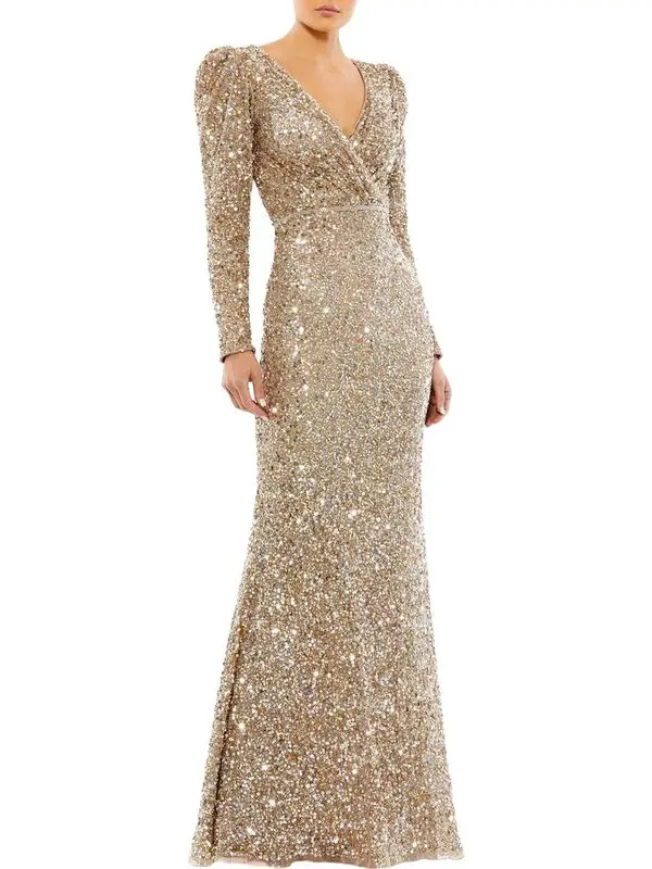 Mac Duggal Sequin Surplice Gown With Puff Sleeves - Shimmering Gold