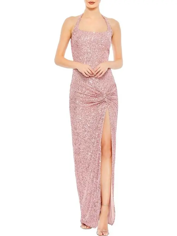 Mac Duggal Sequin Halter Gown With Knot Detail - Rose