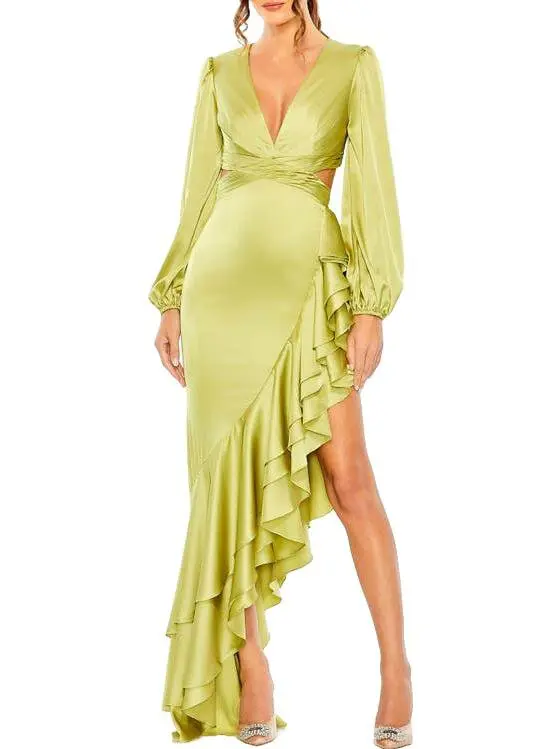 Mac Duggal Plunge Neck Cut Out Asymmetrical Ruffle Gown - Pistachio