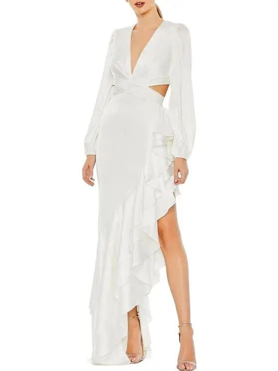 Mac Duggal Plunge Neck Cut Out Asymmetrical Ruffle Gown - White