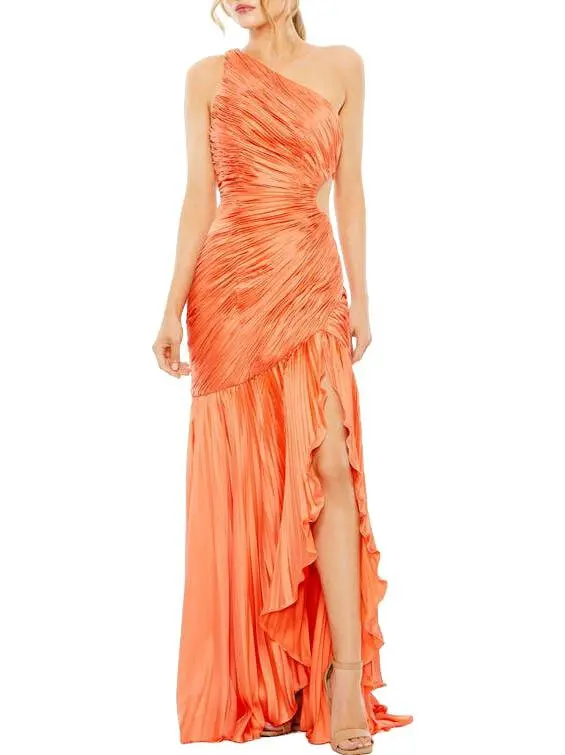 Mac Duggal One-shoulder Pleated Gown - Coral