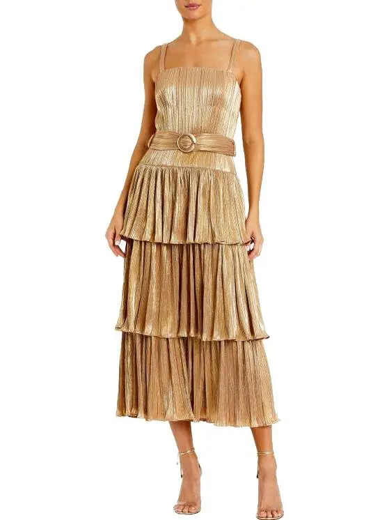 Mac Duggal Metallic Plissé Tiered Ruffle Dress - Gold