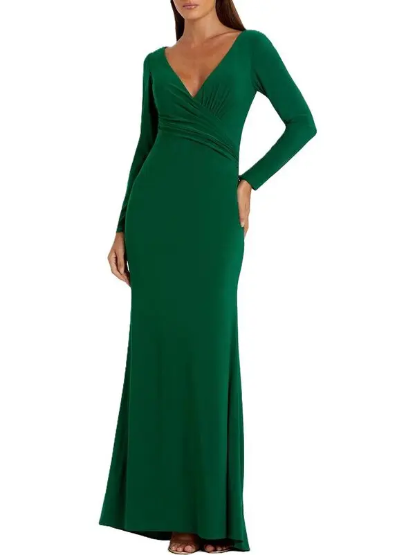 Mac Duggal Long Sleeve Ruched Jersey V-neck Gown - Emerald