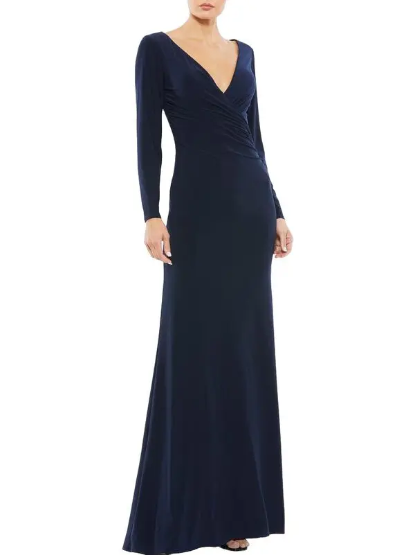 Mac Duggal Long Sleeve Ruched Jersey V-neck Gown - Midnight