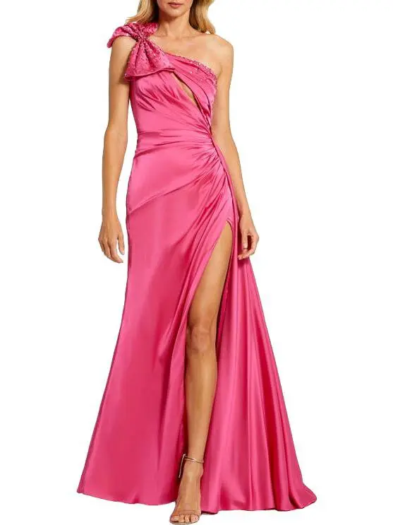 Mac Duggal One-shoulder Embellished Bow Satin Gown - Rose