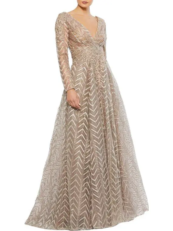 Mac Duggal Embellished Illusion Long Sleeve A-line Gown - Taupe