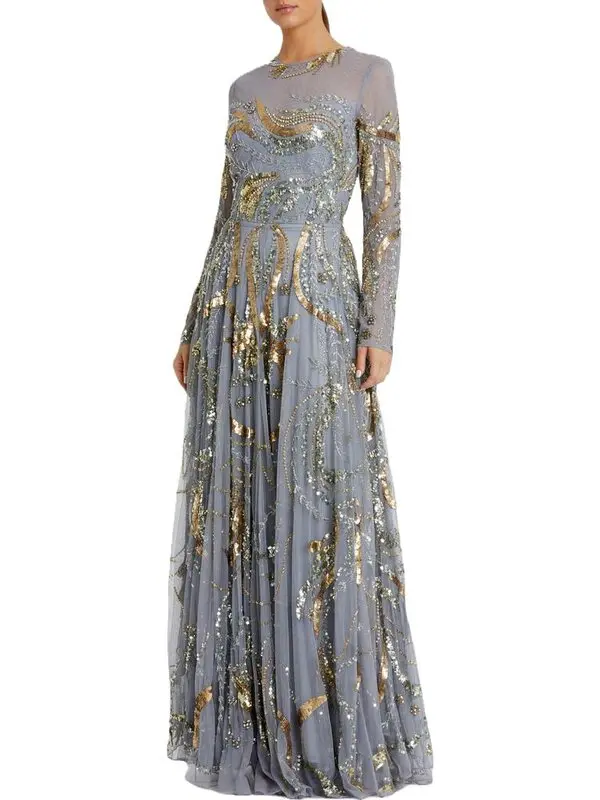 Mac Duggal Embellished Illusion Evening Gown - Platinum Gold