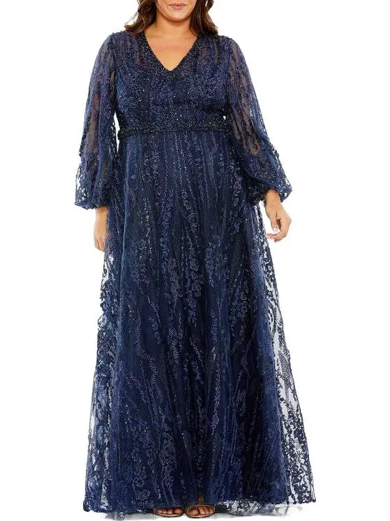 Mac Duggal V-neck Embroidered A-line Gown - Midnight