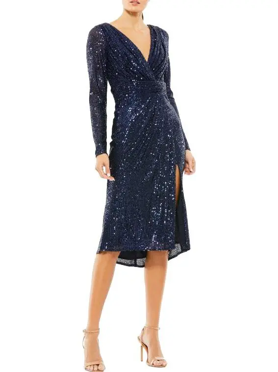 Mac Duggal Sequined Long Sleeve Midi Dress - Midnight