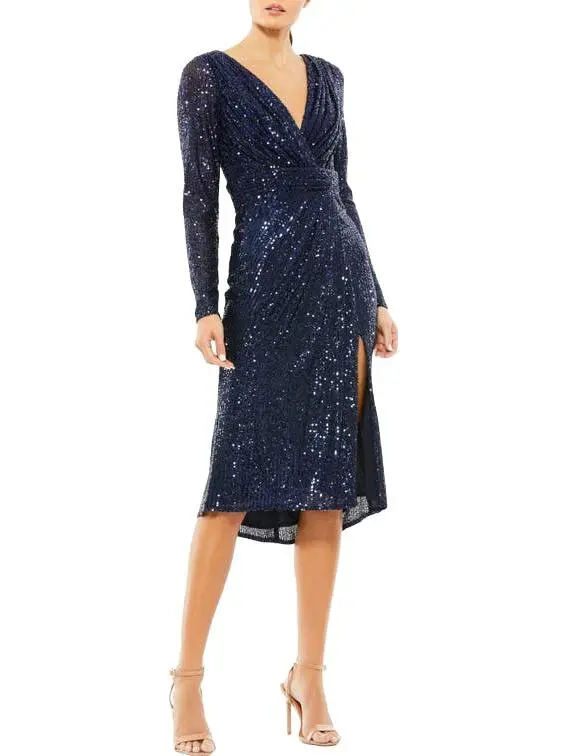 Mac Duggal Sequined Long Sleeve V-neck Midi Dress - Midnight