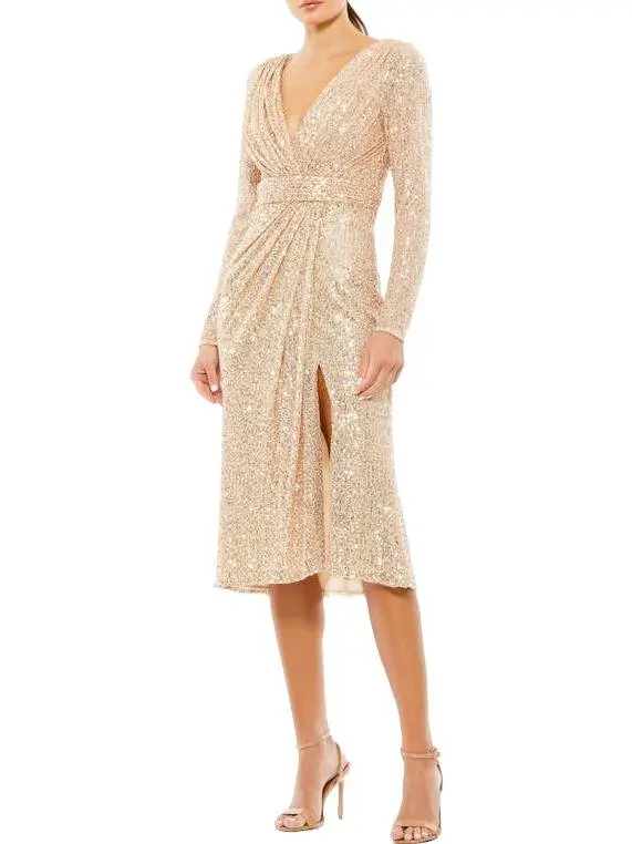 Mac Duggal Sequined Long Sleeve Midi Dress - Rose Gold