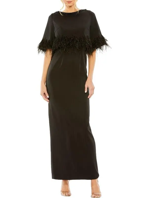 Mac Duggal Hand Beaded Crystal Neck Feather Detail Dress - Black