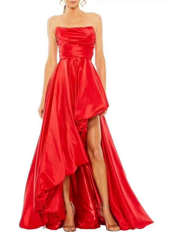 Mac Duggal Asymmetrical High-low Strapless Ruched Gown - Red