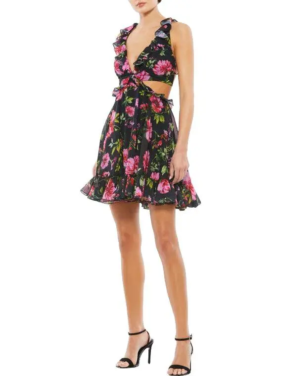 Mac Duggal Floral Ruffle Lace-up Mini Dress - Black Multi