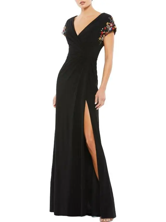 Mac Duggal Embellished Jersey Wrap Gown - Black Multi
