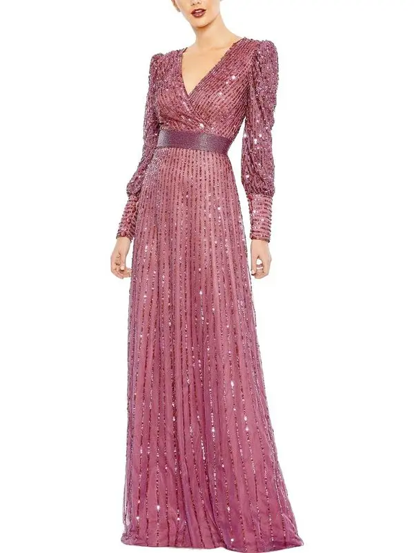 Mac Duggal Sequined Bishop Sleeve Gown - Mauve