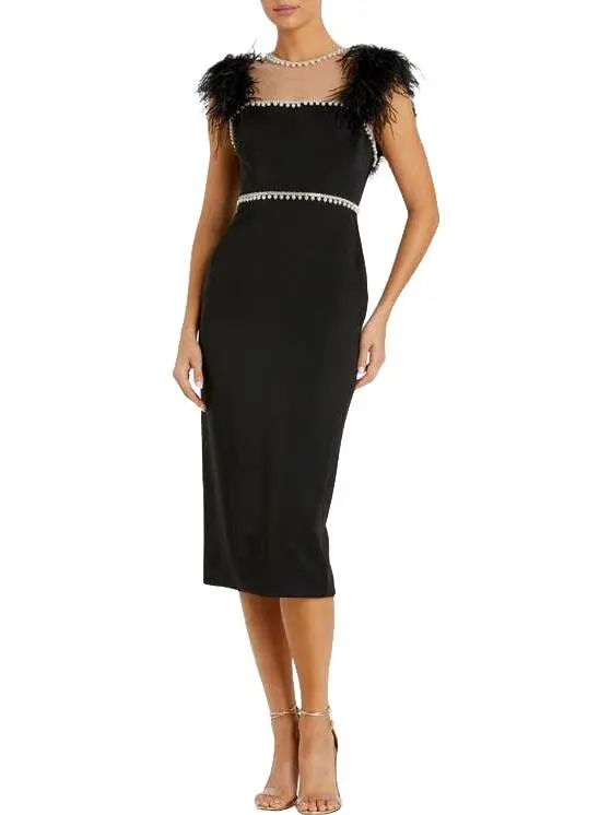 Mac Duggal Feather Cap Sleeve Embellished Midi Dress - Black