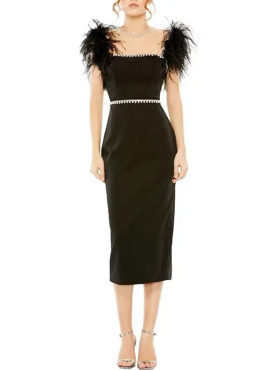 Mac Duggal Feather Cap Sleeve Embellished Midi Dress - Black
