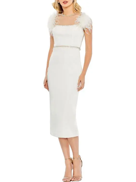 Mac Duggal Feather Cap Sleeve Embellished Midi Dress - White
