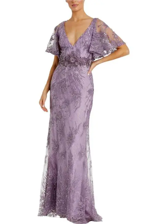 Mac Duggal Vintage Flutter Sleeve Evening Gown - Vintage Lilac
