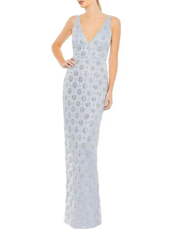 Mac Duggal Hand-embellished Sleeveless V-neck Column Gown - Powder Blue