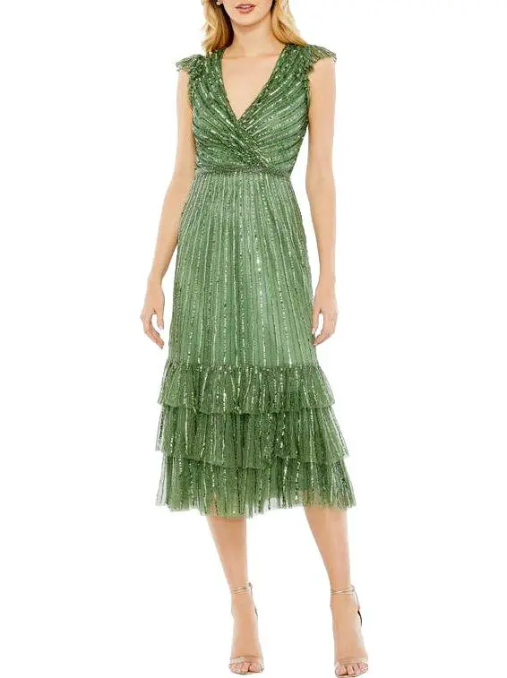 Mac Duggal Sequined Wrap Dress With Ruffle Hem - Sage