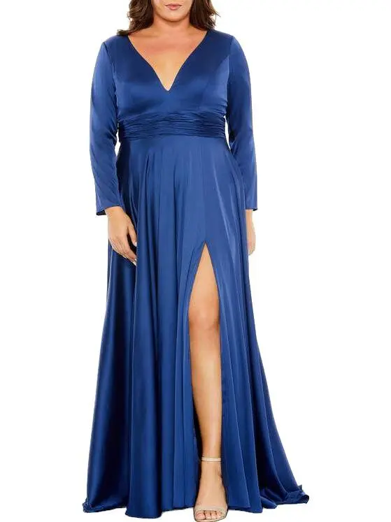 Mac Duggal Quarter Sleeve Satin A-line Gown - Midnight