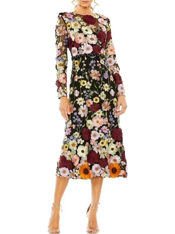 Mac Duggal Floral Embellished High Neck A-line Dress - Black Multi