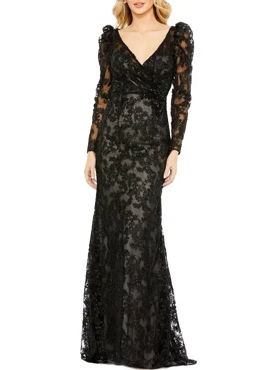 Mac Duggal Embroidered Lace Puff Sleeve Wrap Over Gown - Black