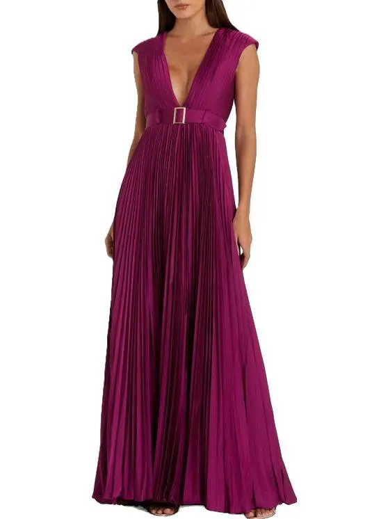 Mac Duggal Pleated Plunge Neck Belted Satin Gown - Raspberry