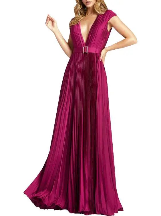 Mac Duggal Pleated Plunge Neck Belted Satin Gown - Raspberry