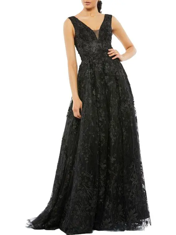 Mac Duggal Floral Embroidered Illusion V-neck A-line Gown - Black