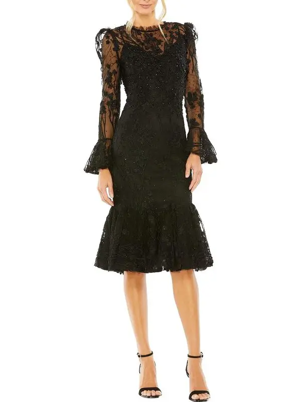 Mac Duggal Embellished High Neck Midi Dress With Ruffle Wrists - Black