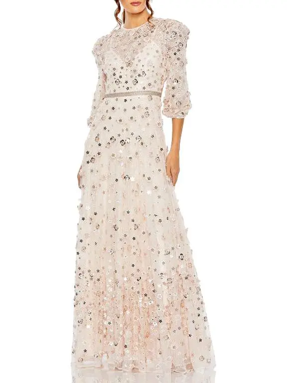 Mac Duggal Floral Appliqué A-line Gown - Blush